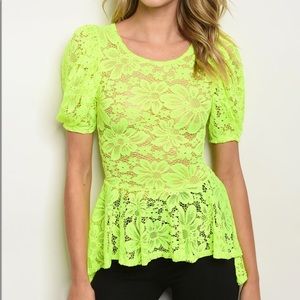 Trendy boutique | Tops | Neon Lime Puff Sleeve All Over Lace Hilow Top ...